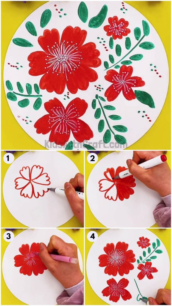 Pretty Red flowers Artwork Step by Step Instructions - Kids Art & Craft