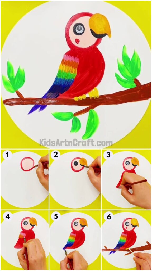 Rainbow Parrot Painting Step by Step Tutorial For Kids - Kids Art & Craft