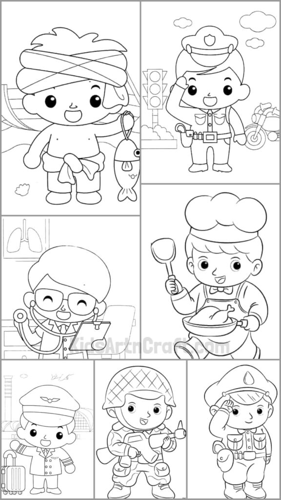 Community Helpers Fun Coloring Page Worksheets for Kids - Kids Art & Craft