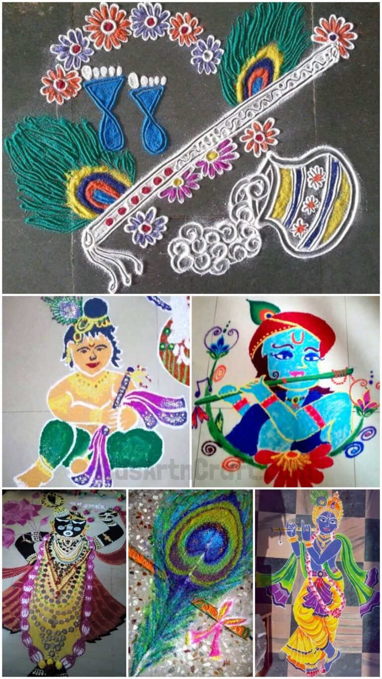 Krishna Janmashtami Rangoli designs with colours and dots 2025 - Kids ...