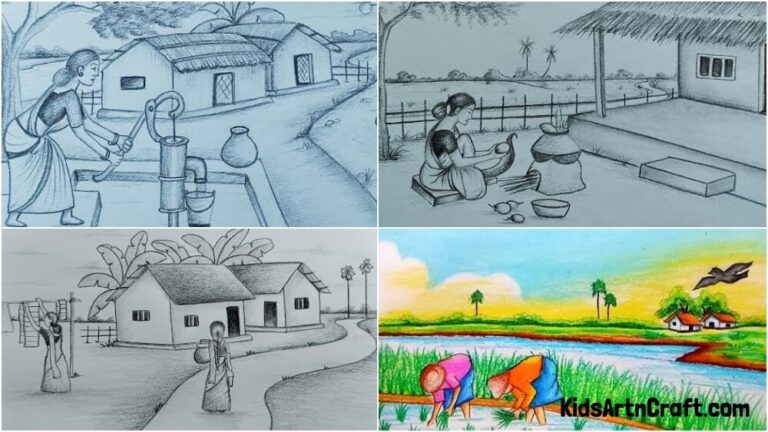 Amazing Village Life With Pencil Drawing - Kids Art & Craft
