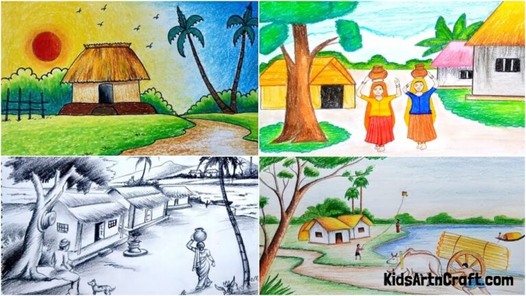 Creative Old Village Colorful Drawings For School Project - Kids Art ...