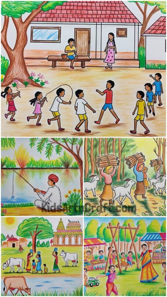 Village Drawing Ideas with Vibrant Colors - Kids Art & Craft